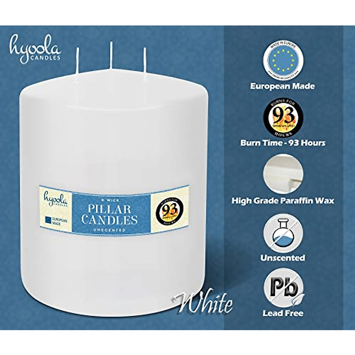 HYOOLA White Three Wick Large Candle - 4.75 x 6 Inch - Unscented Big Pillar Candles - 93 Hour - European Made