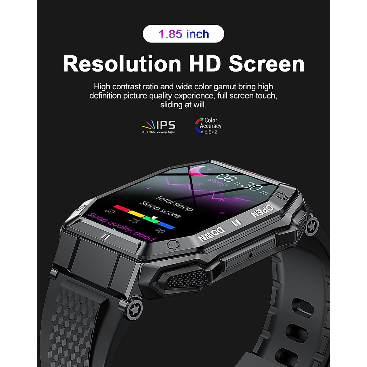 Smart Watches for Men, 1.85 Inch Android iOS Military Smart Watch, Smartwatch with Blood Pressure/Heart Rate/Blood Oxygen Monitor/24 Sports, IP67 Waterproof Tactical Sport Fitness Tracker, 350mAH