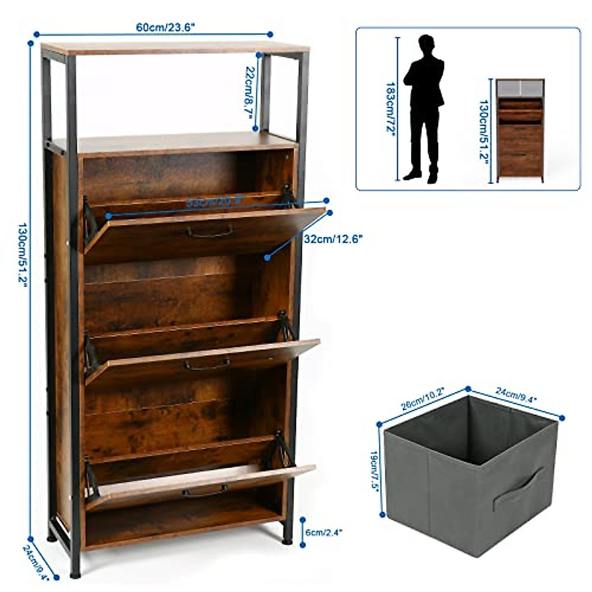 HSSZXFR 3 Drawer Industrial Shoe Cabinet, Narrow Shoe Cabinet for Entryway, Modern Shoe Rack Storage Organizer with Adjustable Shelf, Slim Freestanding Wood Shoe Rack for Home and Apartment