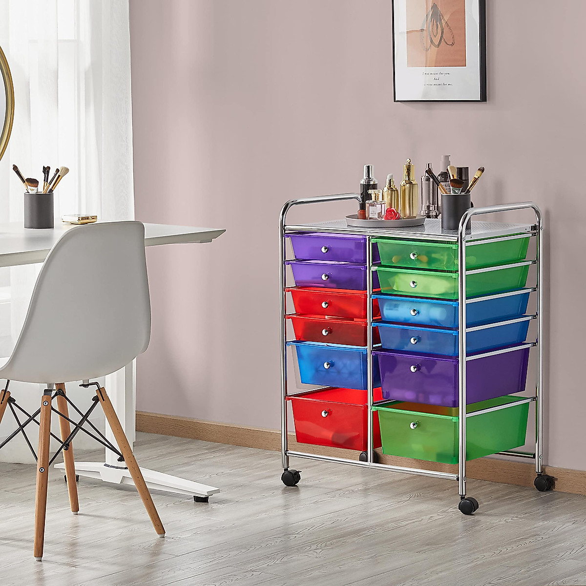 Topeakmart Utility Cart with 12 Drawers Rolling Cart Organizer Plastic Storage Drawers Craft Trolley 360 Degree Castor Wheels, Multicolor