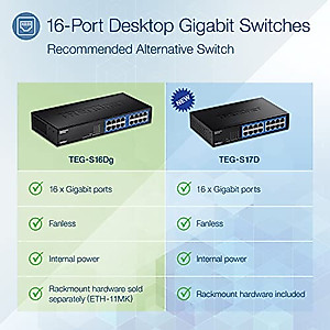 TRENDnet 16-Port Unmanaged Gigabit GREENnet Desktop Metal Switch, Ethernet Splitter, Fanless,16 x RJ-45 Ports, 32 Gbps Forwarding Capacity, TEG-S16DG