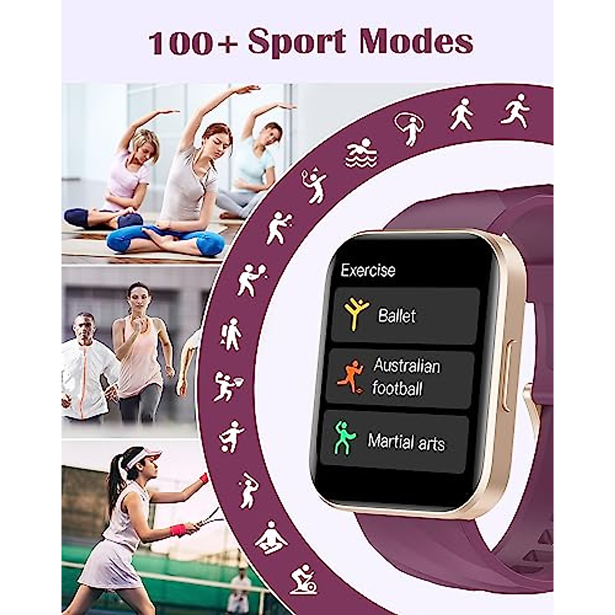 RUIMEN Smart Watches for Women Men (Answer/Make Calls) Compatible with iPhone/Android Phones, 2023 Ver. 1.85" HD Screen Fitness Tracker Heart Rate Monitor 100+ Sports Tracker Watch Waterproof (Purple)
