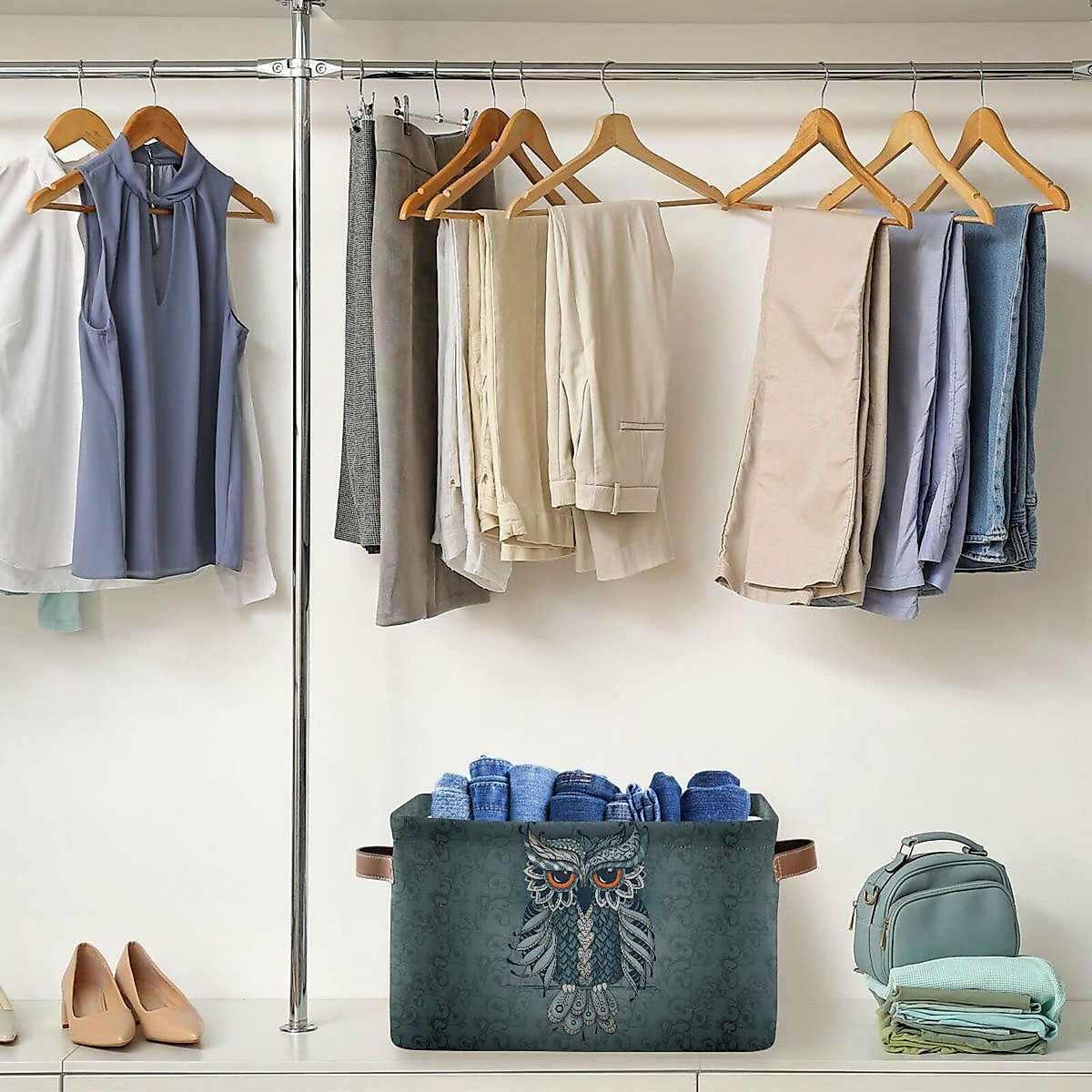 ALAZA Retro Owl Floral Ethnic Large Storage Basket with Handles Foldable Decorative 1 Pack Storage Bin Box for Organizing Living Room Shelves Office Closet Clothes