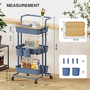 DTK 3 Tier Utility Cart with Cover Board, Rolling Cart with Lockable Wheels, Cups, Hooks for Home Office, Art Craft Storage, Home School Organization and More Uses(Blue)