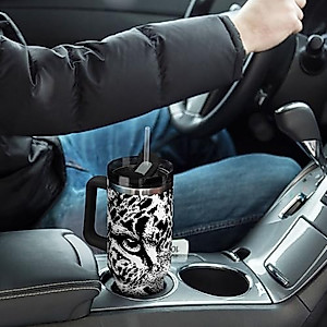Flradish 30oz Tumbler with Handle, White Black Leopard Portrait Stainless Steel Tumbler with Lid and Straws Double Wall Vacuum Insulated Leakproof Coffee Travel Mug