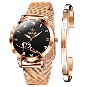 OLEVS Womens Watches Rose Gold Mesh Strap Fashion Dress Quartz Waterproof Luminous Watches for Women Bracelet Sets Black Face