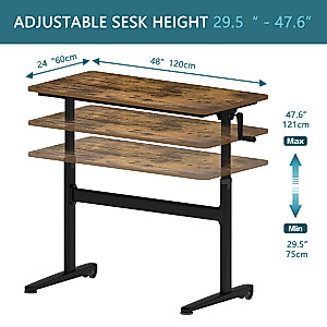 Win Up Time Manual Standing Desk Adjustable Height- Crank Mobile Standing Desk 48 x 24 Inches Sit Stand Desk Frame & Top, Stand Up Desk on Wheels, Computer Desk Black Frame & Rustic Brown