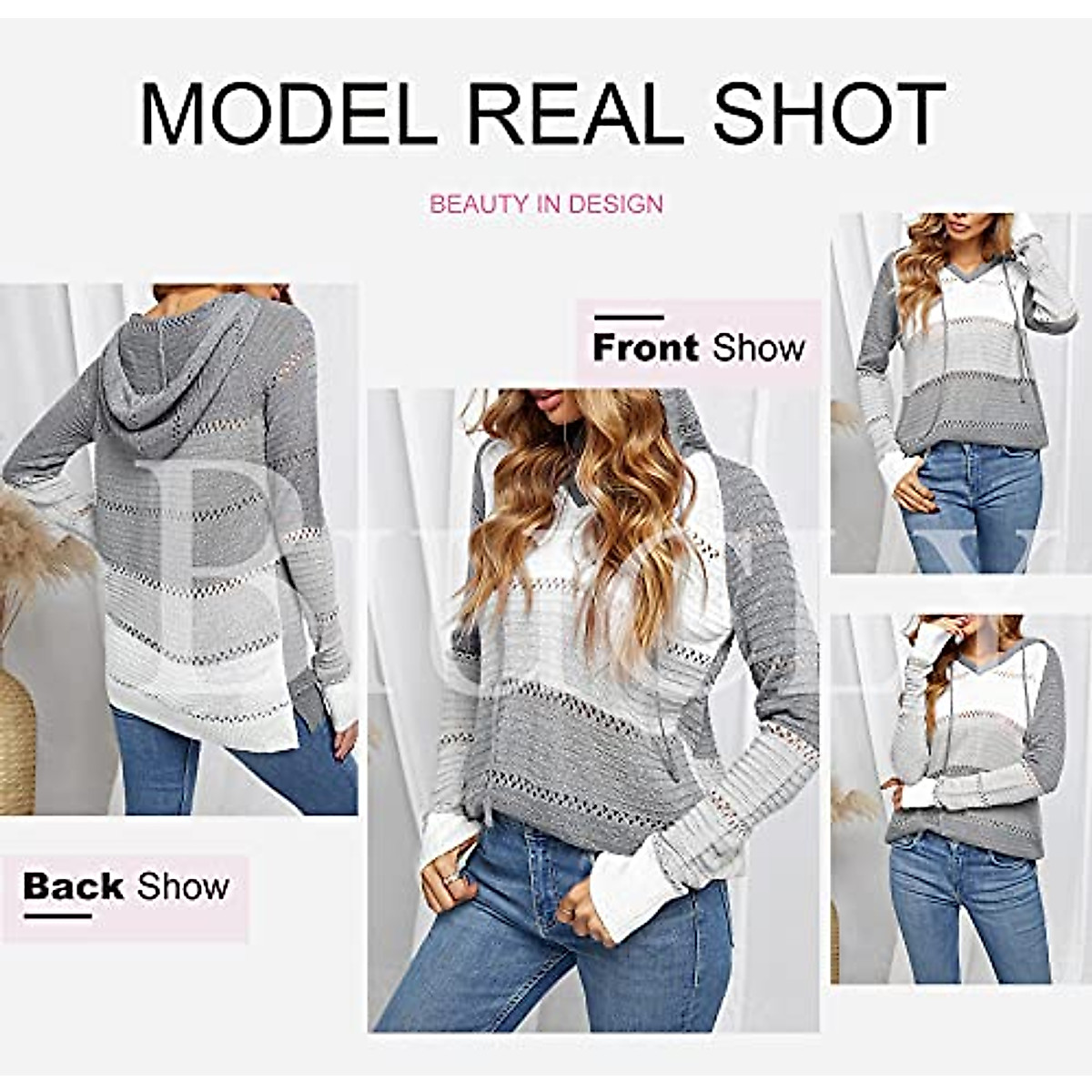 SHEWIN Womens Striped Color Block Lightweight Knit Hooded Sweater Casual Long Sleeve V Neck Drawstring Hoodies Pullover Sweatshirt Fall Outfits for Women,US 16-18(XL),Light Grey