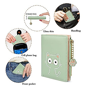 CONISY Cute Wallets for Women, Leather RFID Blocking Small Bifold Wallet with Zipper Coin Purse for Girls and Ladies Womens Wallet (Cat Green)