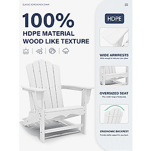 KINGYES HDPE Adirondack Chair, Classic All-Weather Outdoor Patio Adirondack Chair, White
