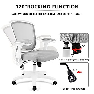 HYLONE Office Chair, White Computer Desk Chair, Mid-Back Task Chair Swivel, Flip-up Arms, Lumbar Support, Adjustable Height, Grey Mesh