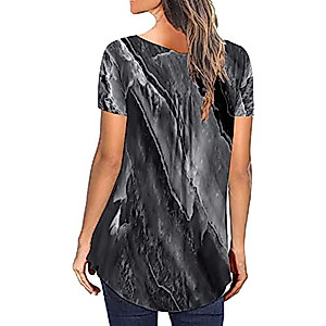 Tuianres Summer Shirts for Women 2023 Loose Fit Tunic Marble Print Short Sleeve Pleated Hide Belly Button T-Shirt Blouse