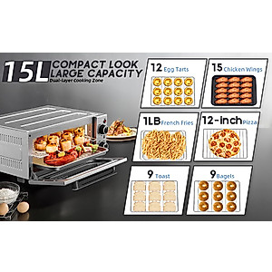 Unichefry Toaster Oven Air Fryer Combo with 4 Accessories, 1800W 15L Countertop Convection Toster Oven Fits 9 Slices or 12" Pizza, Stainless Steel with 4 Functions Including Convection, Bake & Broil