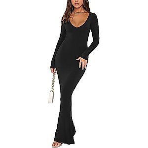 REORIA Women's Sexy Soft Lounge Ribbed Long Dress Fall Elegant Formal Wedding Guest Long Sleeve Deep V Neck Bodycon Maxi Dresses Black Small