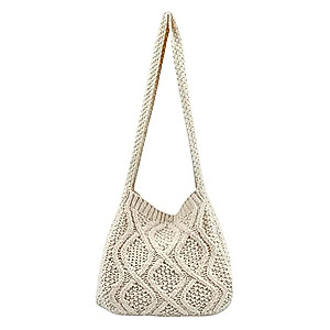 Verdusa Women's Crochet Shoulder HandBags Hobo Knitted Tote Bag Shopping Bags Beige one-size