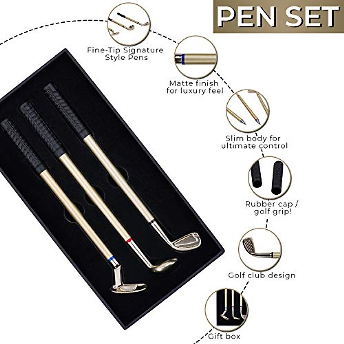 Golf Pen Set - 3 Signature Golf Pens - Mini Golf Club Pens - Best Golf Gifts for Dads - Unique Golf Gadgets for Men & Cool Desk Accessories for Office Colleagues