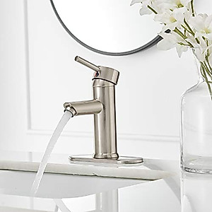 Greenspring Brushed Nickel Bathroom Faucet Single Hole Single Handle Aerator Spout Saving Water Lavatory Vanity Sink Faucet Matching Pop Up Drain with Overflow Mixer Tap Supply Line Lead-Free