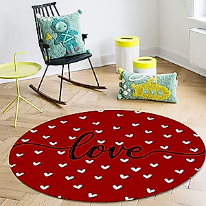 Indoor Large Round Area Rug for Living Room Kitchen Rug Happy Valentine's Day Sweet White Love Heart Romantic Love Anniversary Non-Slip Low-Profile Accent Throw Rug Carpet Runner Rug for Bedroom