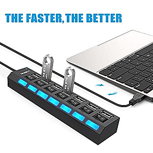 USB Hub Multi Port Splitter - LOBKIN 7 Port Data Hub USB 2.0 with Individual On/Off Switch and LED Lights Portable Desktop USB Hub Extender Ports for Laptop Computer PC MacBook