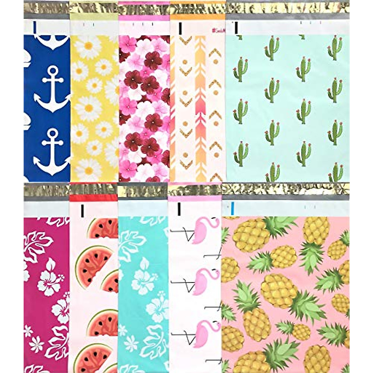 Designer Poly Mailers 10x13: Sample Variety Pack ~ Anchor, Daisy, Hibiscus, Arrow, Cactus, Pink & Mint Aloha, Watermelon, Flamingo, Pineapple Printed Self Sealing Shipping Poly Envelopes Bag (30 Pcs)