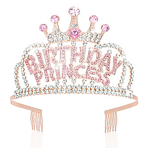 Wecoe Rose Gold Birthday Princess Crown with Combs Birthday Rhinestone Tiara Headband Happy Birthday Party Favors Decorations 16th 18th 21st 25th Birthday Gifts for Her