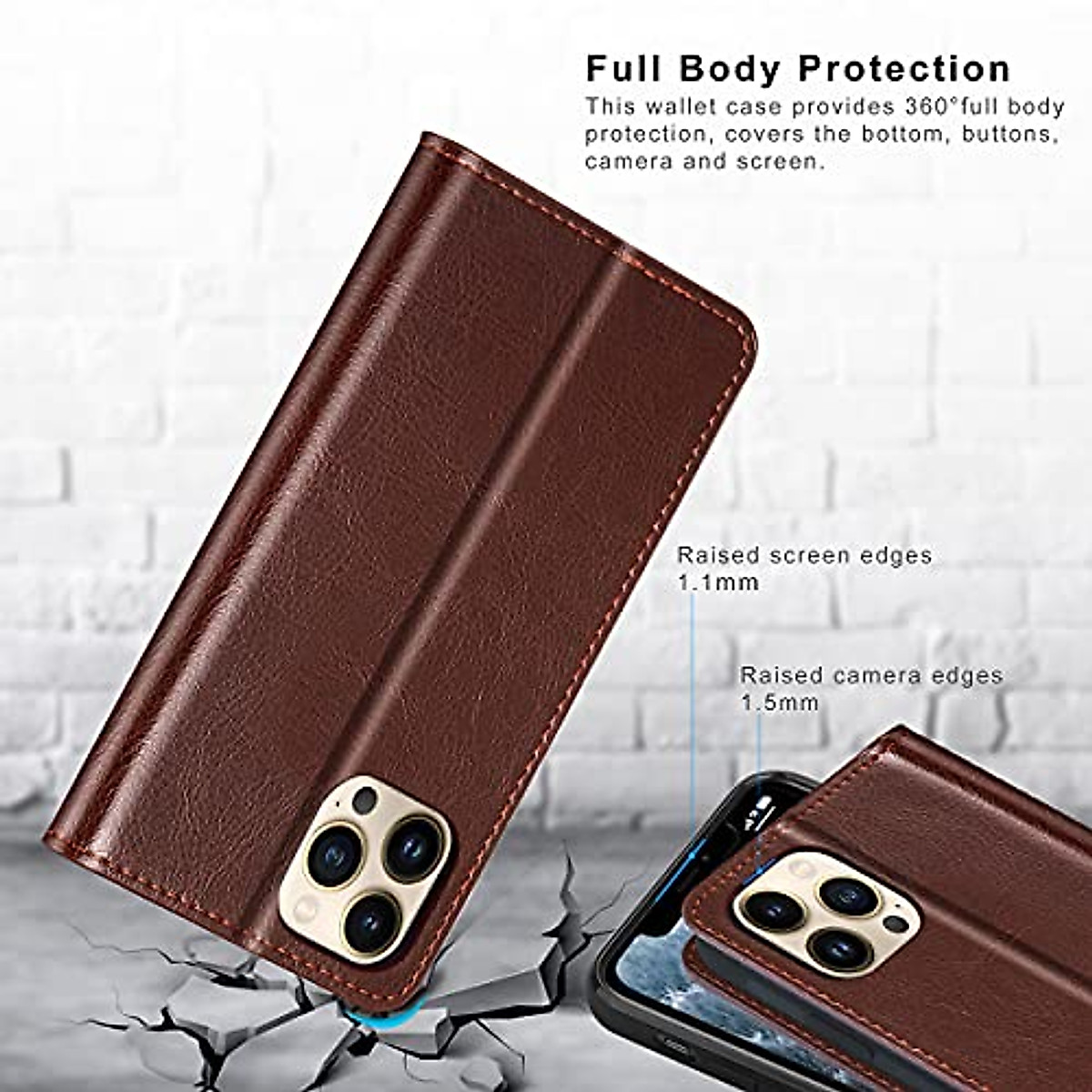Belemay Compatible with iPhone 13 Pro Max Case Wallet, Protective Genuine Leather Flip with RFID Blocking Card Holders [Undetachable Interior Shell] Folio Cover for Men Women (6.7-inch 2021) Brown