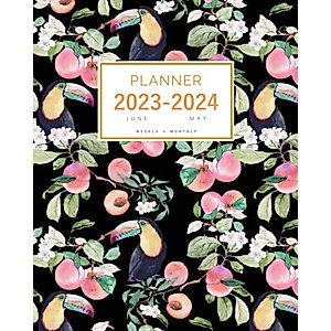 Planner 2023-2024: 8x10 Weekly and Monthly Organizer Large from June 2023 to May 2024 | Vintage Rose Wildflower Berry Design Black