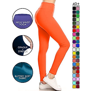Leggings Depot Women's 3" Waistband Yoga High Waisted Solid Leggings Pants (Full Length, Orange, One Size)