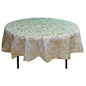 Exquisite 12 Pack Premium Round Plastic Tablecloth - Lace Design Printed Disposable Plastic Tablecloth 84 in. Round Tablecloth (Gold)