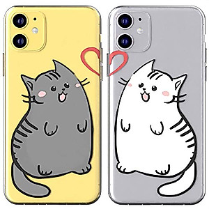 Toik Matching Couple Cases for Apple iPhone 11 Pro Xs Max Xr 10 X 8 Plus 7 6s 5s SE Cats Design Pets Lightweight Gray TPU Cute Gift Best Friend Boyfriend Anniversary BFFs White Adorable
