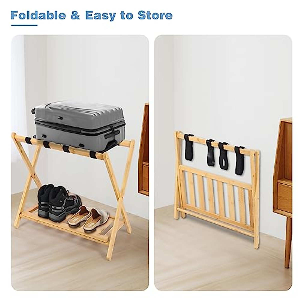 ALAPUR Bamboo Luggage Rack for Guest Room, Folding Luggage Holder with Storage Shelf , Suitcase Stand for Bedroom,Guest Room,Hotel