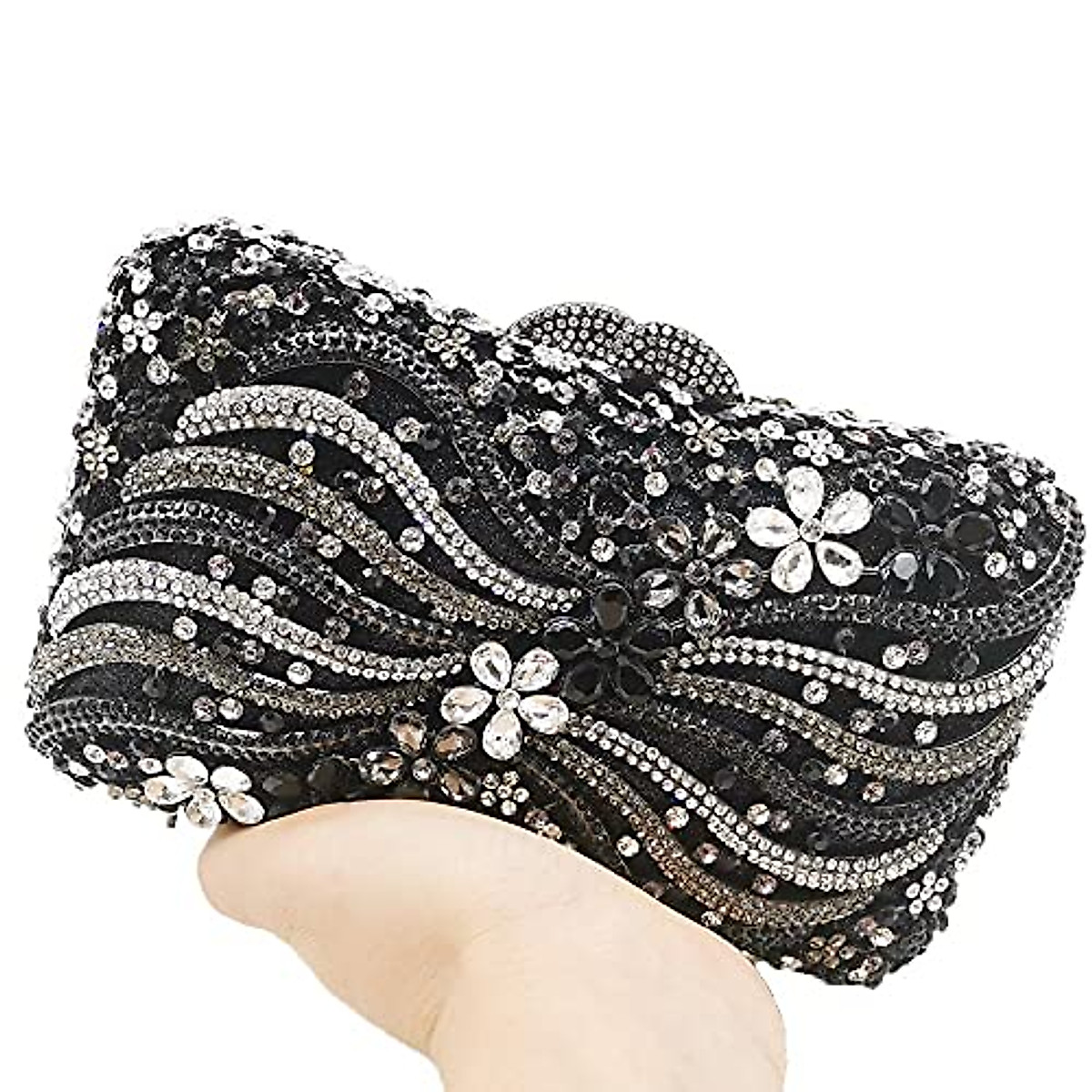 Boutique De FGG Women Crystal Clutch Evening Bags Wedding Party Rhinestones Handbags Ladies Gala Dinner Purses (Black&Grey)