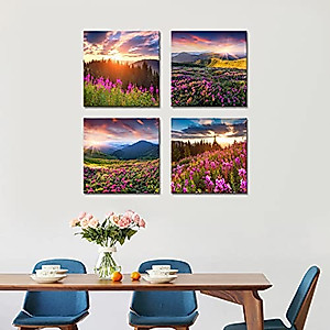 Noah Art-Modern Landscape Art Print Posters, Sun Light over Mountains Wall Art Pictures of Flowers on Canvas Print, 4 Piece Sunrise Canvas Art Ready to Hang Outdoor Wall Art for Bathroom Wall Decor