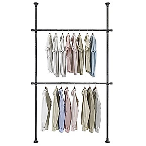 YeYeBest Clothes Rack, 2 Tier Closet Organizers And Storage Free Standing Closet Ceiling Link Floor Hanger for Hanging Clothes Adjustable Floor to Ceiling for Bedroom Laundry Room Black