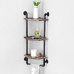 MBQQ Industrial Pipe Shelf,Rustic Corner Shelves with Towel Bar,Bathroom Shelves Wall Mounted,3 Tiered Metal&Real Wood Home Decor Floating Shelves
