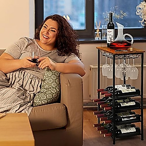 YBING Wine Rack Freestanding Floor Wine Rack Table with Glass Holder 16 Bottle Wine Bar Rack with Tabletop Wood 5-Tier Wine Bottle Organizer Storage Stand Liquor Cabinet Bar for Home Rustic Brown