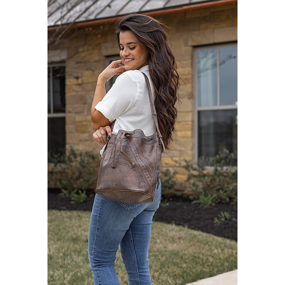 Womens Drawstring Bucket Bag, Genuine Leather Crossbody Bag, Hand tooled, Dark Brown, Handmade Leather Purse