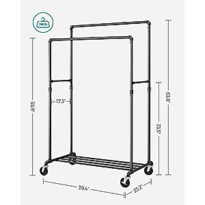 SONGMICS Heavy Duty Clothes Rack, Industrial Pipe Clothing Rack with Shelf, Double Rod Garment Rack on Wheels, Commercial Grade, for Hanging Clothes, Storage Display, Black UHSR60B