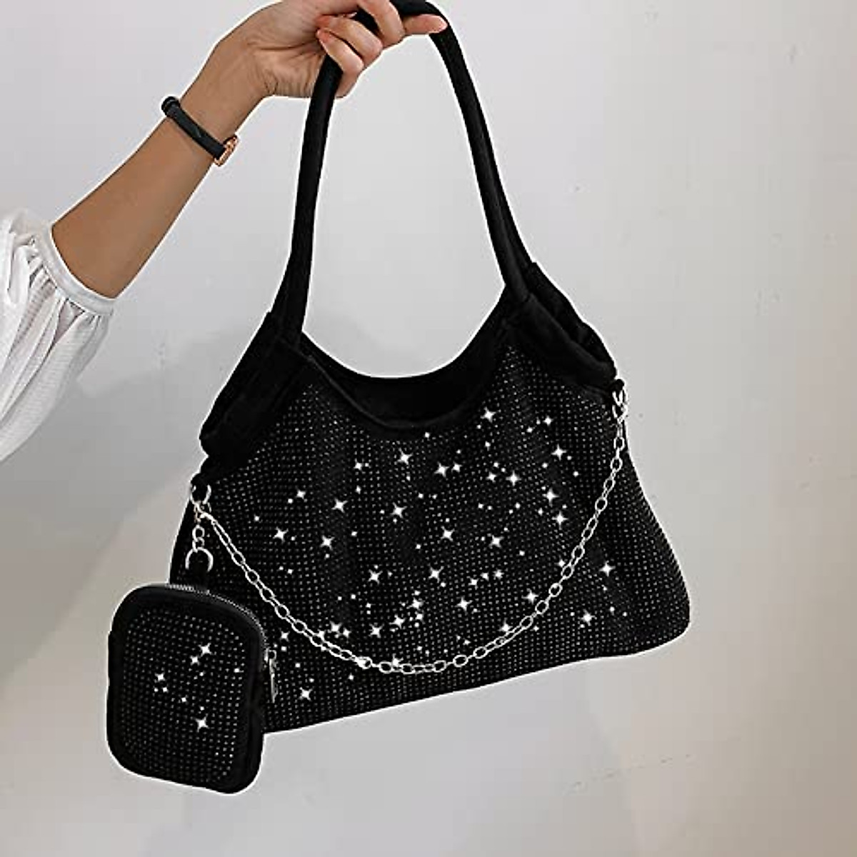 Jechin Bling Rhinestone Tote Handbag for Women, Glitter Tote Shoulder Top Handle Satchel Hobo Bags Large Capacity Handbag (black)