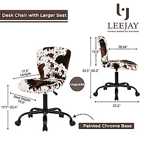 LEEJAY Brown Milk Cow Print Desk Chair for Adults, Armless Swivel Office Task Chair with Black Legs, Fluffy Faux Fur Furry Chair for Bedroom, Mid-Back Fancy Computer Chair, 17.3"x19.3" Seat
