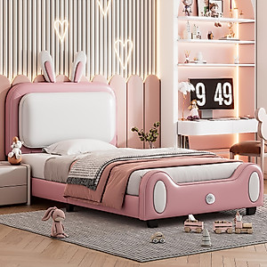 Harper & Bright Designs Kids Twin Upholstered Princess Bed with Rabbit-Shaped Headboard, Cute Twin Size Platform Bed Frame, No Box Spring Needed (White+Pink)