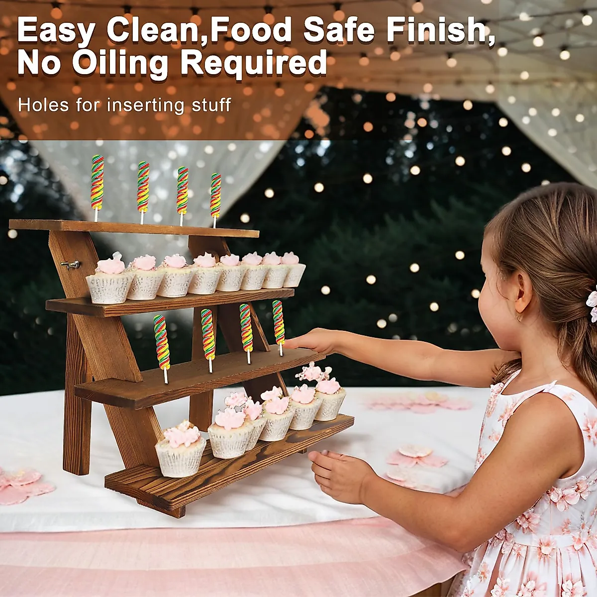 CYAOOI Wooden Cupcake Stand, 4 Tier Dessert Table Display Set Cake Pop Stand for 24 Cupcakes 16 Lollipop, Wood Rustic Display Stand Riser for Vendors Retail Figurine Craft Show Wedding Birthday Party