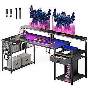 DOMICON Computer Desk 72" L Shaped Desk with Power Outlets, Gaming Desk with LED Lights & Long Adjustable Monitor Stand, Corner Desk with Storage, Cup Holder & Headset Hooks (Black Carbon Fiber)