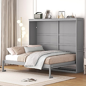 Hlcodca Modern Queen Size Murphy Bed, Solid Wood Foldable Platform Bed Or Can Be Folded Into A Cabinet, Queen Murphy Bed Frame for Bedroom, Living Room Or Home Office (Gray-013)