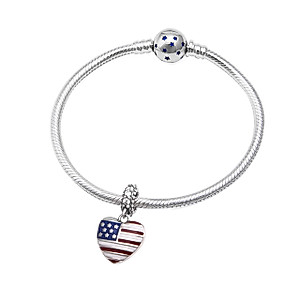 ABUN American USA Flag Heart Charms 925 Sterling Silver Patriotic Love Beads Fits European Charms Bracelet (Dangling Heart)