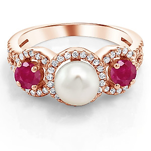 Gem Stone King 1.50 Ct Round Red Ruby 18K Rose Gold Plated Silver Cultured Freshwater Pearl Ring (Size 8)