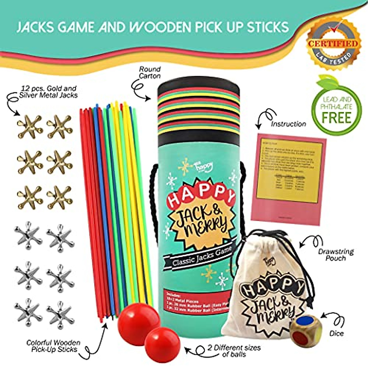 Vintage Metal Jacks Game with Ball - Pick Up Sticks and Metal Jax Game, Travel-Friendly Kids Jacks Game, Giant Game Jax with Dice,Pouch and Instructions, Great Gifts by Happy Jack & Merry