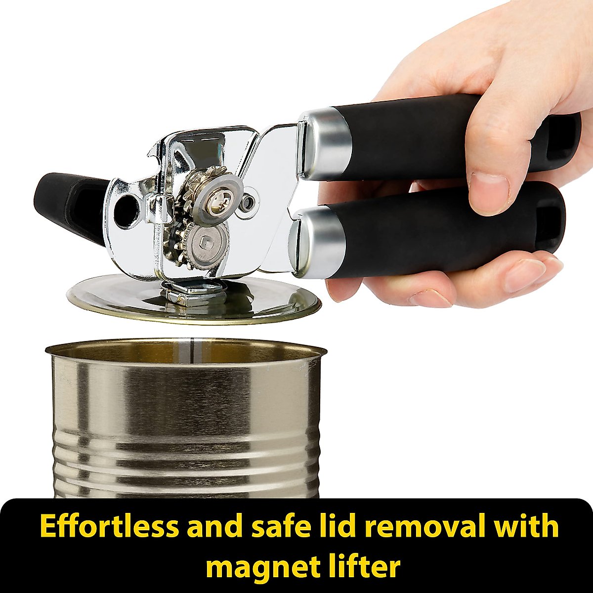 AHRAM Manual Can Opener, Sharp and smooth glide cutting wheel, With magnet lefter, Safe edge, Made with heavy duty materials, With additional glide cutting wheel as a spare part, With a bottle opener