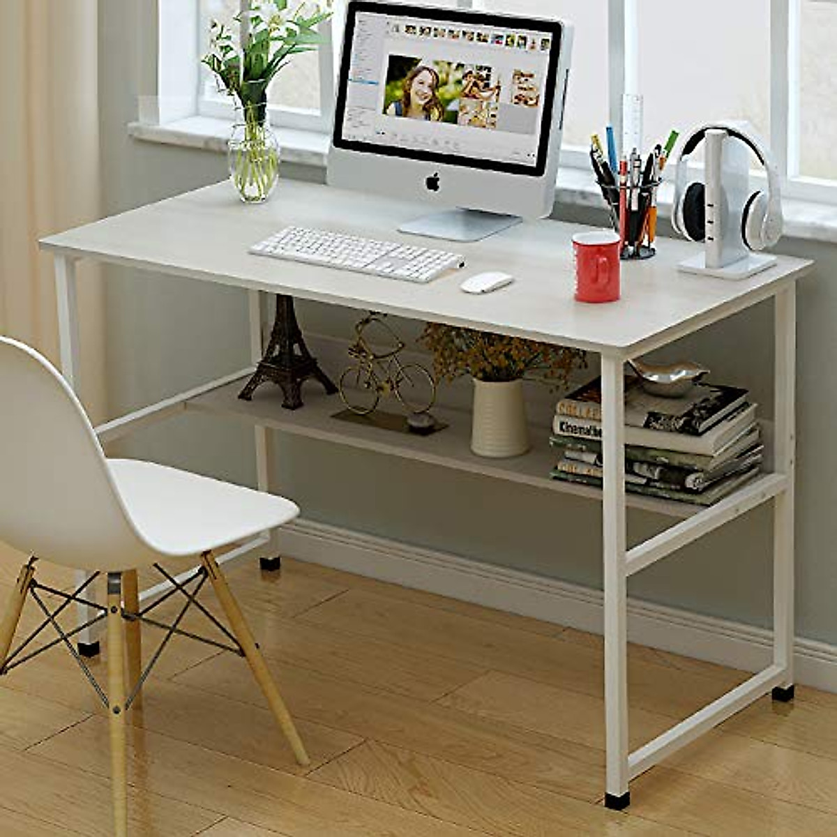 TOPYL 39inch Computer Desk with Bookshelf,Modern Sturdy Writing Desk - Family Workstation with 2 Tier Shelves,Simple Style Desk for Home Office