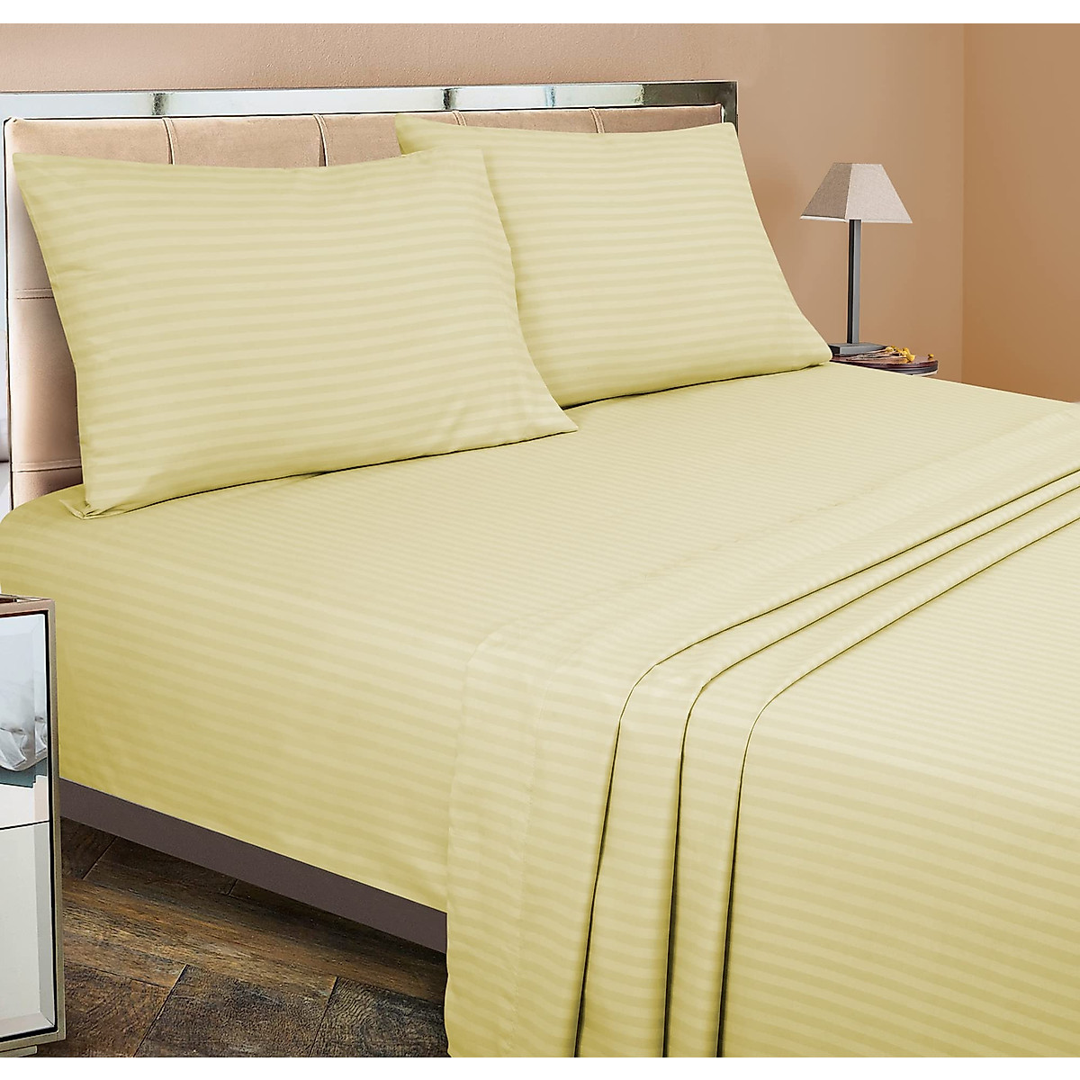 ROYALE LINENS 4 Piece Full Sheets Set - Soft Brushed 1800 Microfiber Bedding - 1 Fitted, 1 Flat Sheet, 2 Pillow Cases - Wrinkle Free & Fade Resistant - Hotel Luxury Bed Sheets (Stripe Beige, Full)